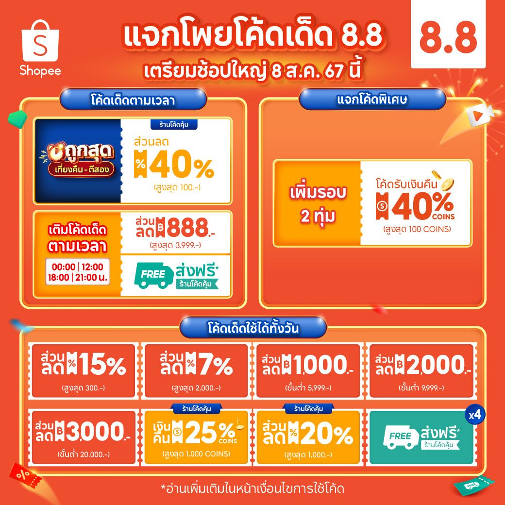 รวมโค้ดส่วนลด โปรโมชัน 8.8 Lazada Shopee 2567 ลดสุดคุ้ม รับเดือนสิงหาคม 2567